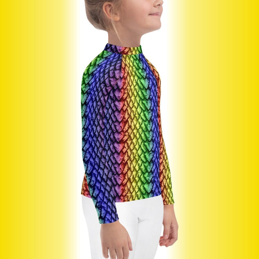 Rainbow Dragon Scale Kids' Rash Guard, Colorful Scaly Pattern Long ...