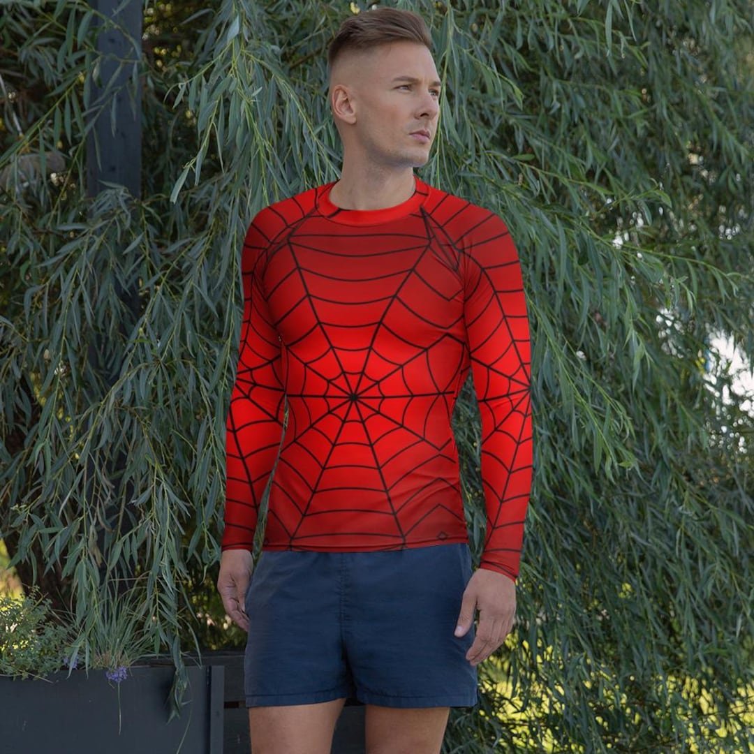 Crimson Spider Web Rash Guard, Spiderweb Print Pattern Long Sleeve ...
