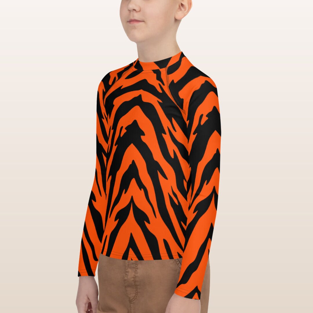 Bengal Tiger Stripe Youth Rash Guard, Sporty Tiger Striped Youth Long ...