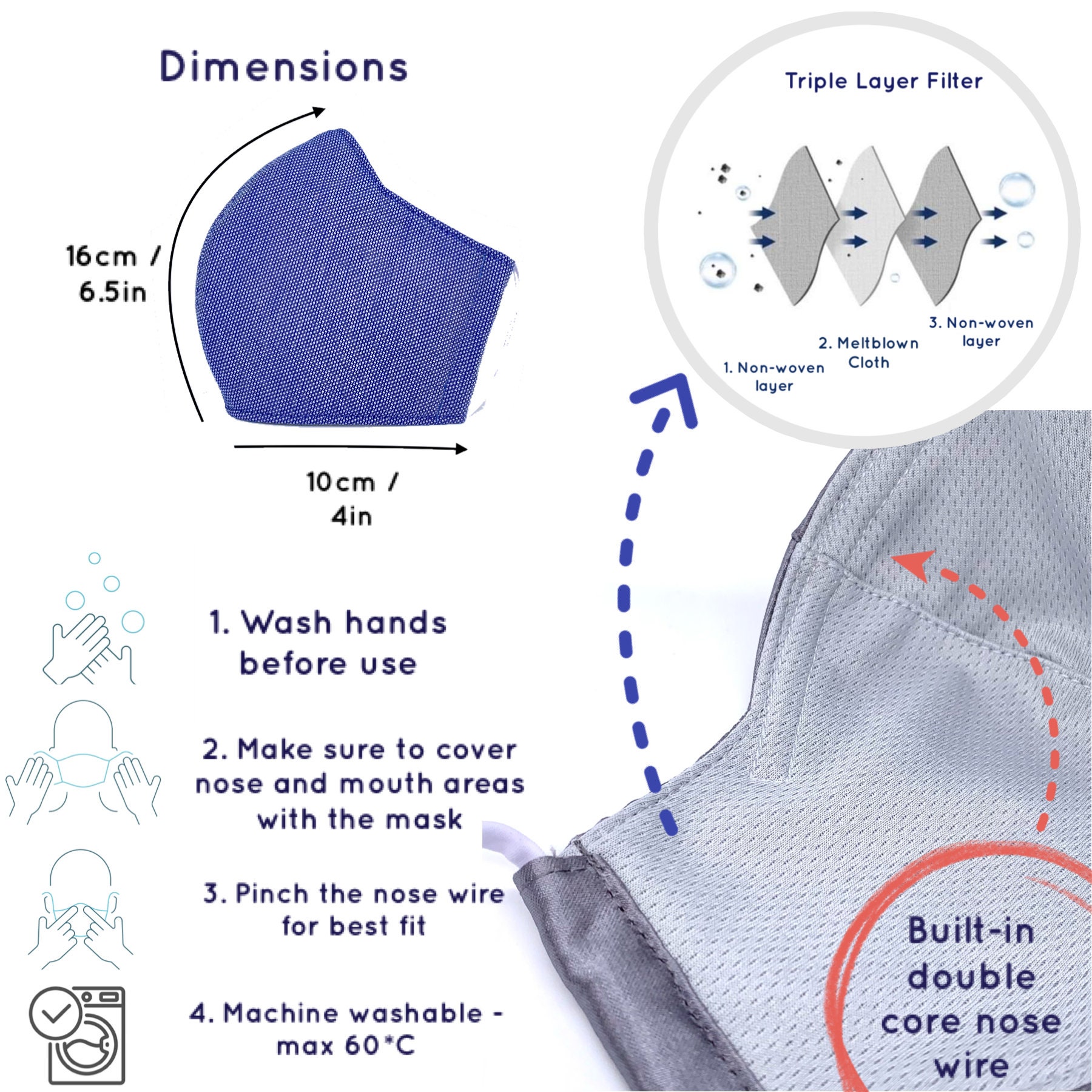 UK Face Mask With Nose Wire BREATHABLE With 3-ply Built-in Filter ...