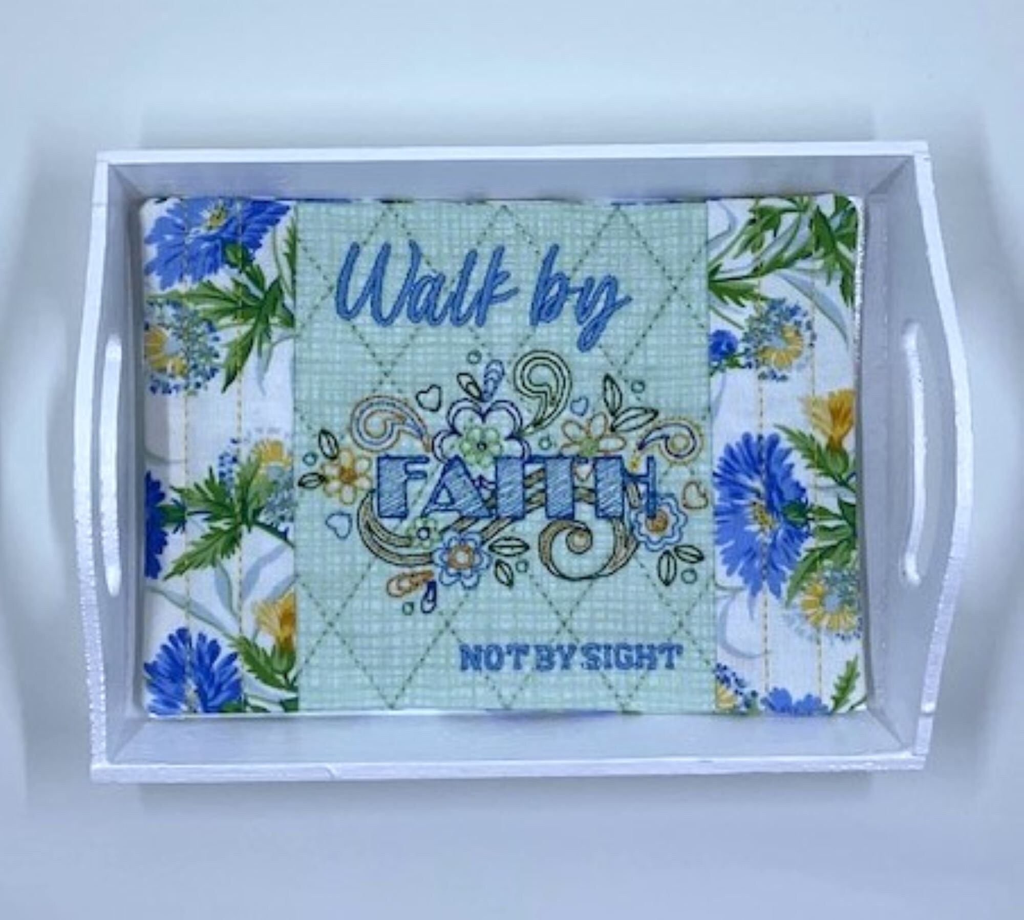 Walk by Faith Mug Rug. Bible Verse Mug Rug, Machine Embroidered ...