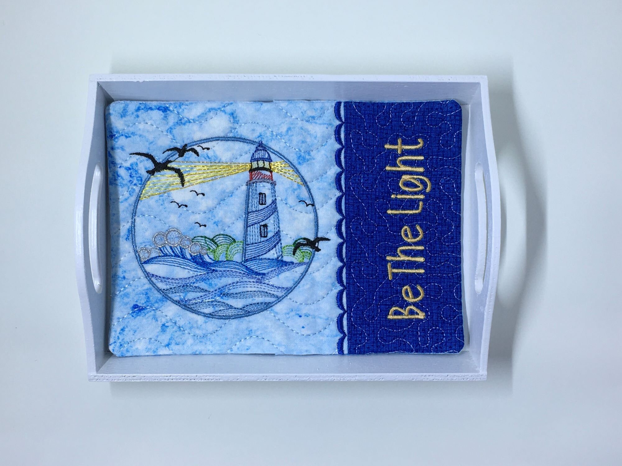Be the Light Lighthouse Mug Rug Machine Embroidered, Quilted and Handcrafted Mug Rug. Handmade ...