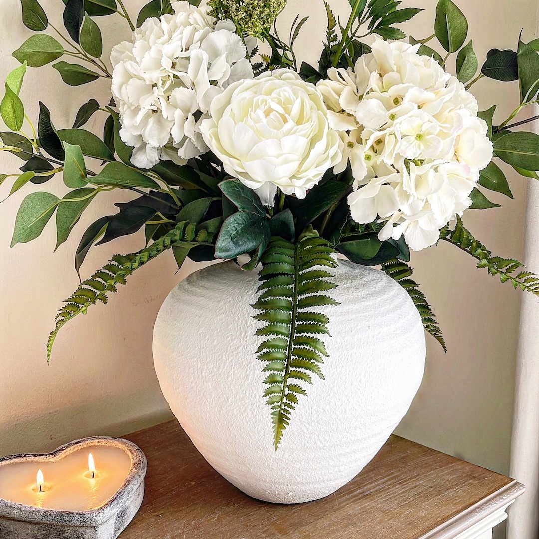 Ophelia Matte White Textured Stone Vase 28cm X 26cm for Artificial ...