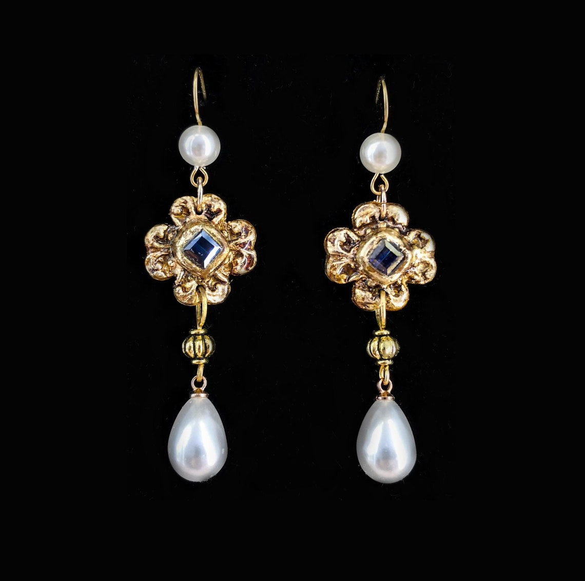 Tudor Pearl Drop Earrings, Blue Crystal, Gold Flower, Historical Style ...