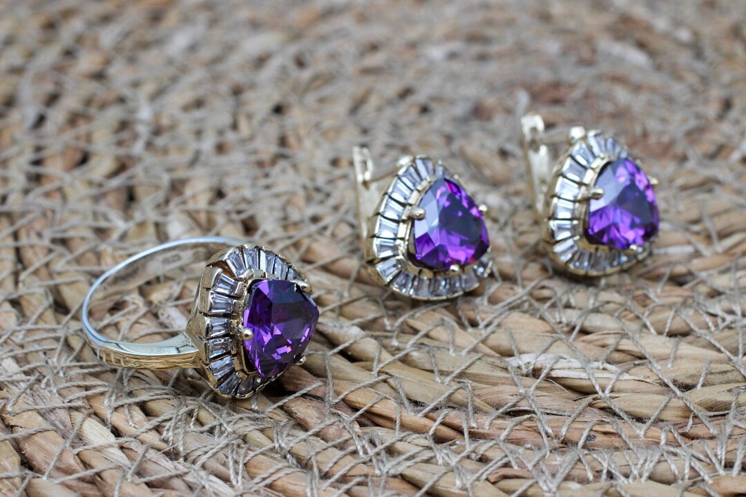 Handmade Turkish Amethyst Jewelry Set: 925k Sterling Silver, Bronze - Etsy