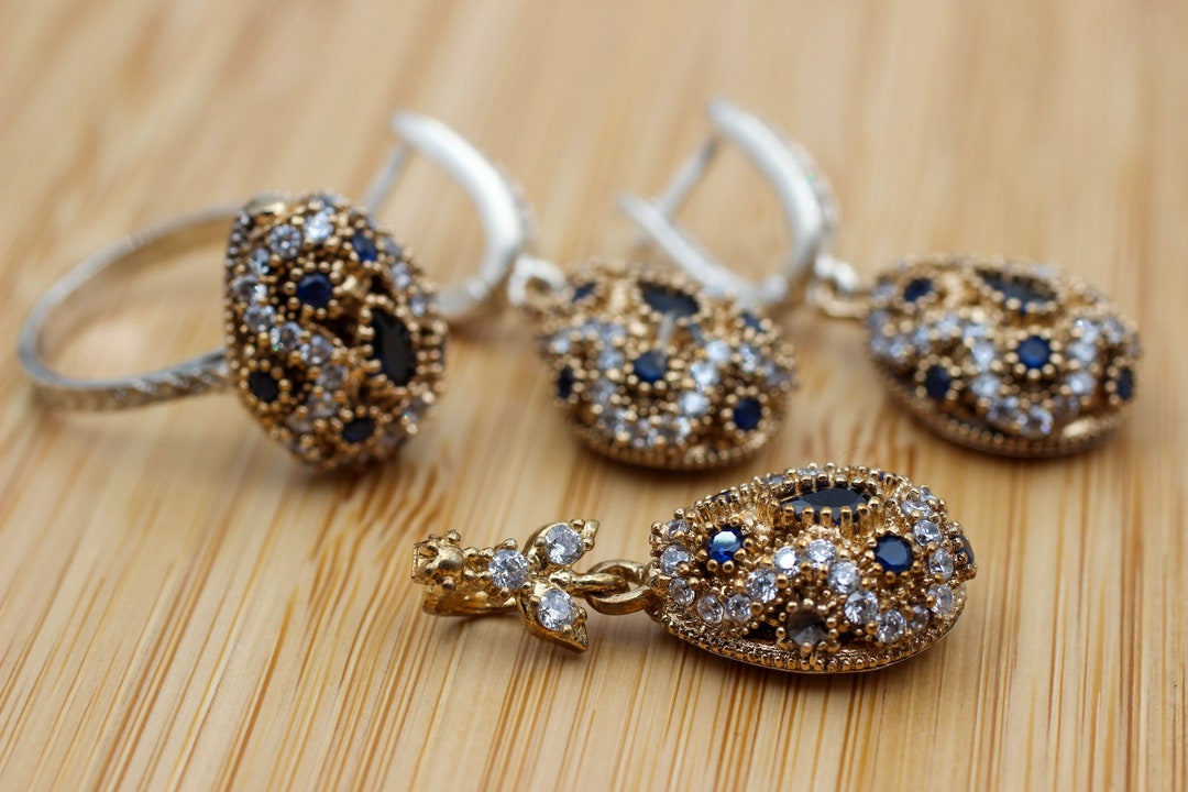Handmade Turkish Sapphire Jewelry Set: 925k Sterling Silver, Bronze ...