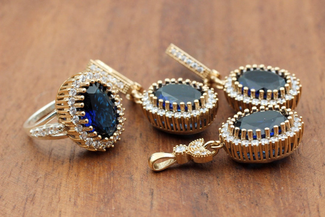 Handmade Turkish Sapphire Jewelry Set: 925k Sterling Silver & Bronze - Etsy