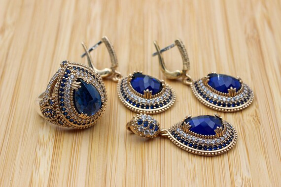 Sapphire Set Authentic Set Handmade Set Women Turkish Handmade Ladies Jewelry Set Earring Pendant Ladies Set 925k Sterling Silver Etsy