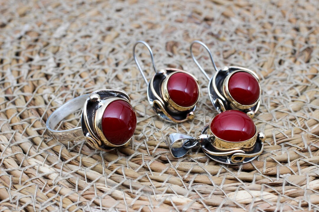 Red Stone Jewelry Set: Handmade 925k Sterling Silver Ring, Earrings ...