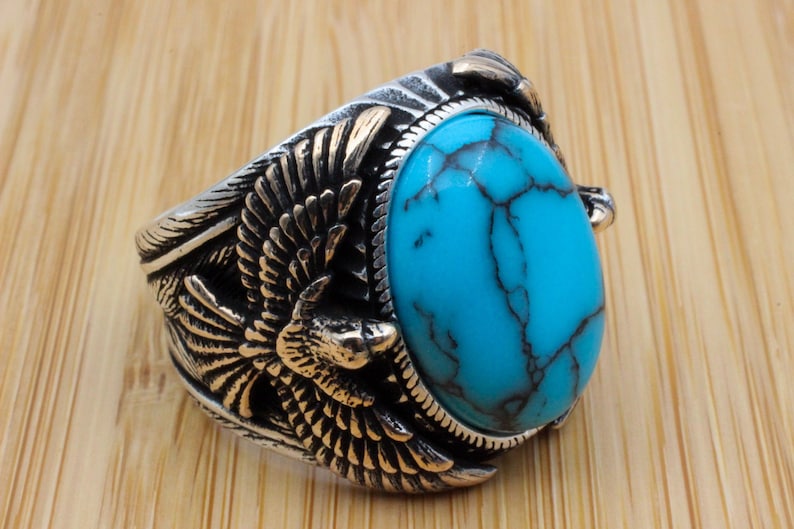 Turquoise Eagle Ring: Handmade 925k Sterling Silver Ottoman Men's ...