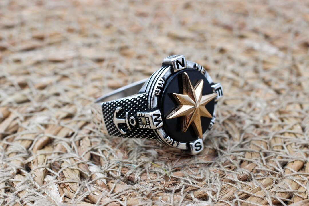 Handmade Sterling Silver Compass Ring: Onyx & Bronze Detail - Etsy