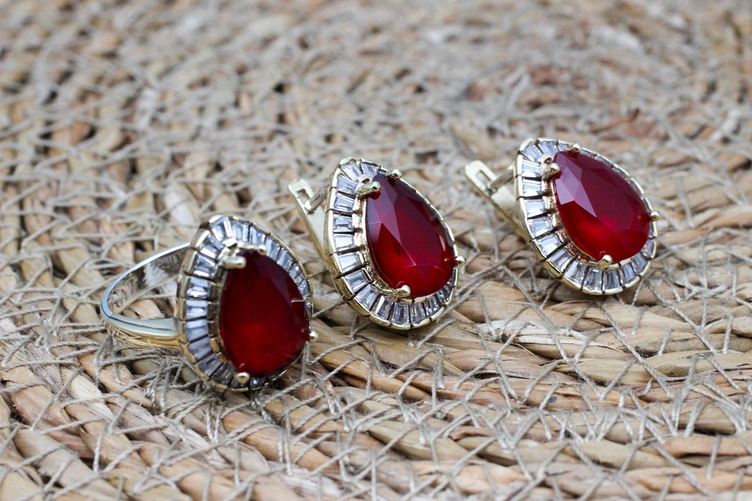 Handmade Ruby Jewelry Set: 925 Sterling Silver Ring and Earrings - Etsy