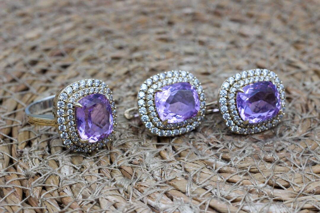Handmade Amethyst Jewelry Set: 925k Sterling Silver Ring & Earrings - Etsy