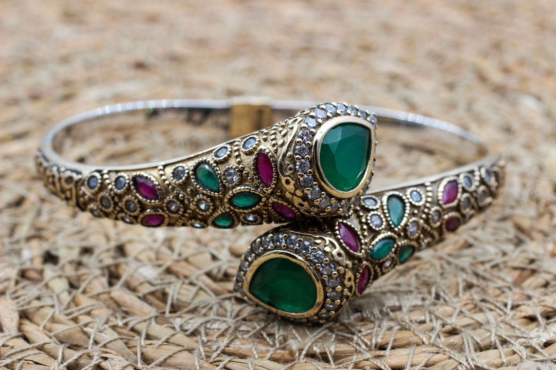 Emerald Bracelet, Ruby Bracelet, Ottoman Bracelet, Handmade Bracelet, Bangle Cuff, Turkish ...