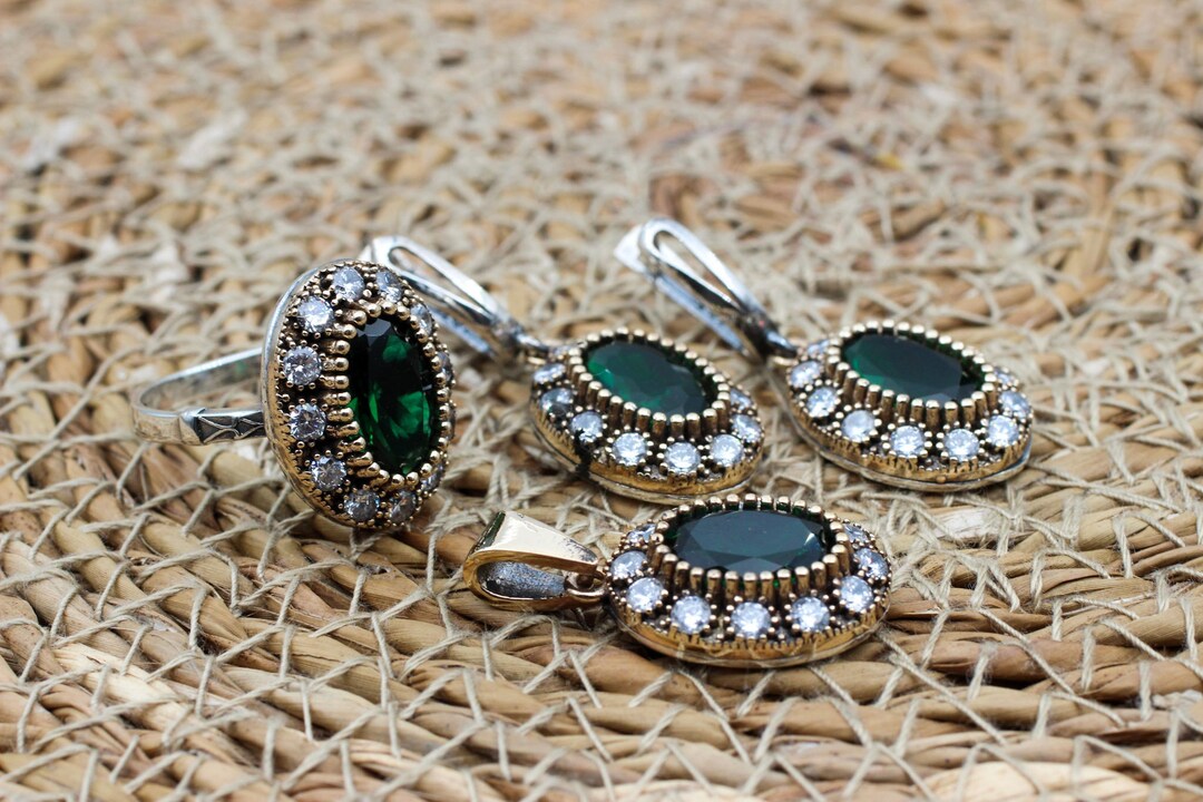 Handmade Turkish Emerald Jewelry Set: 925k Sterling Silver, Bronze - Etsy