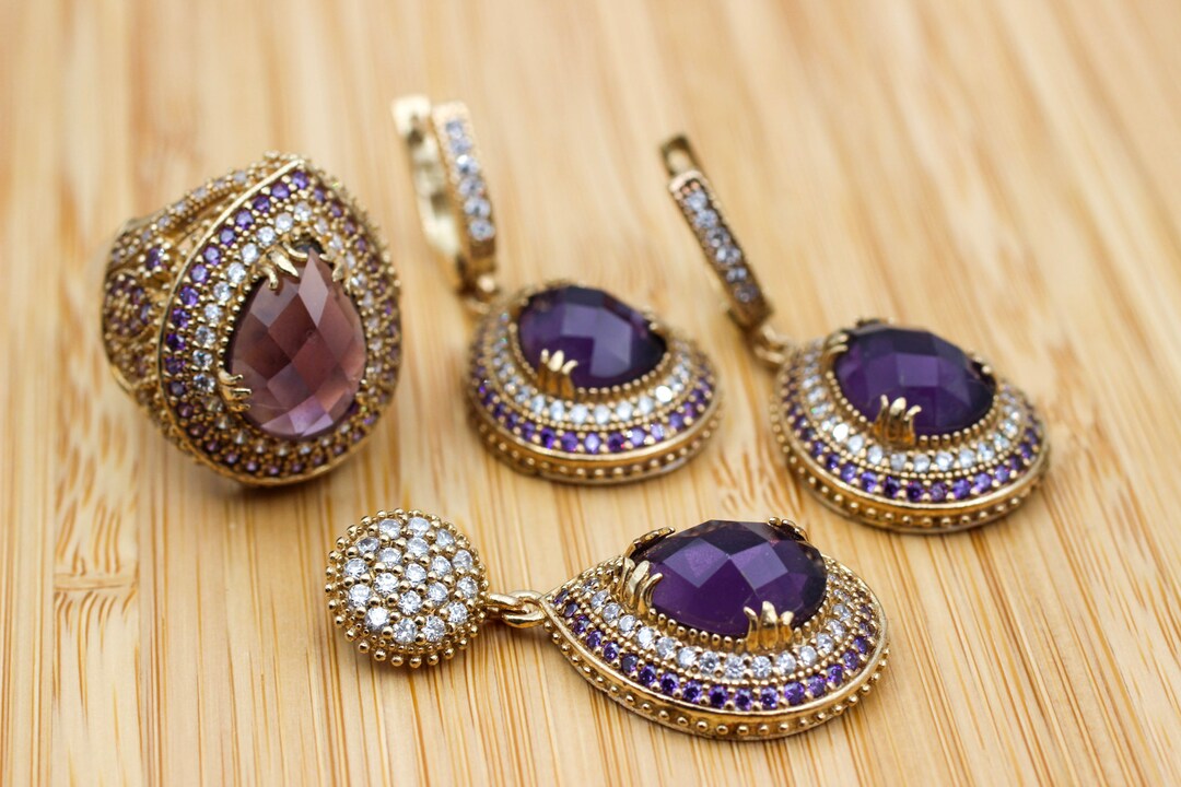 Handmade Amethyst Jewelry Set, 925k Sterling Silver, Turkish Design - Etsy