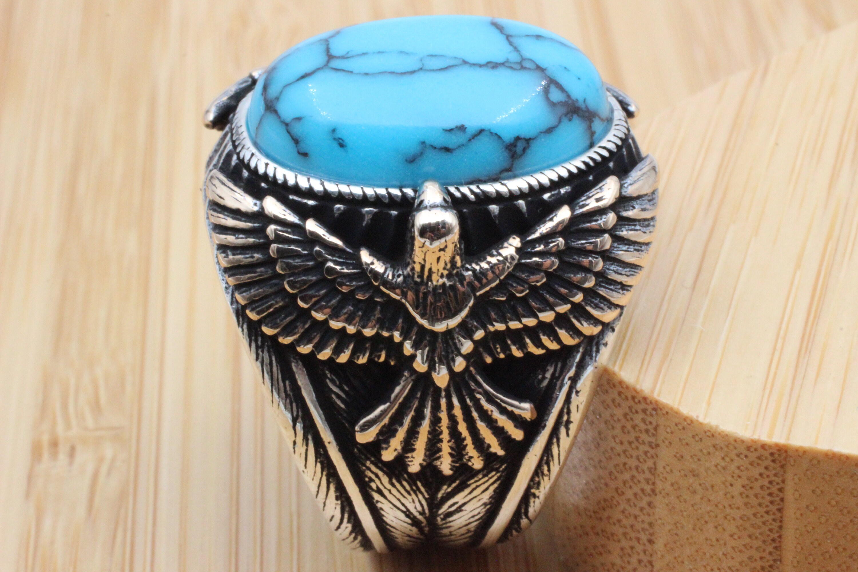 Turquoise Eagle Ring: Handmade 925k Sterling Silver Ottoman Men's ...