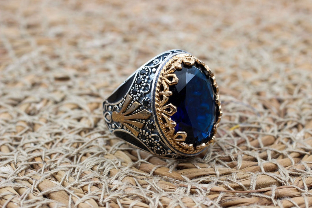 Sapphire Men's Ring: Handmade Ottoman 925 Sterling Silver & Bronze - Etsy