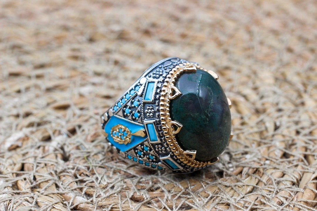 Moss Agate Men's Ring, Handmade Men's Ring, Turkish Handmade Silver ...