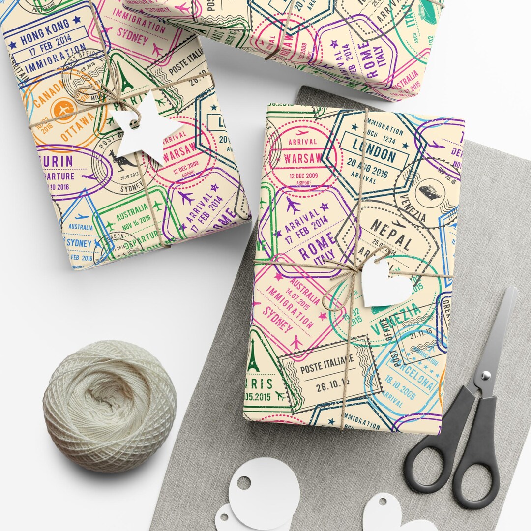 Travel Wrapping Paper Passport Stamps Vacation - Etsy