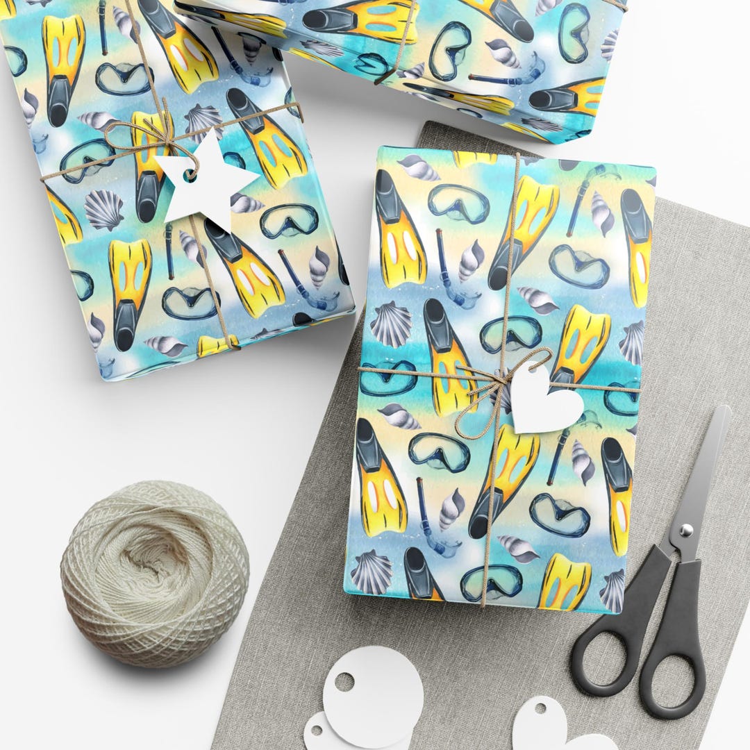 Scuba Snorkel Wrapping Paper Diver Diving Gift Wrap Birthday Party Blue ...