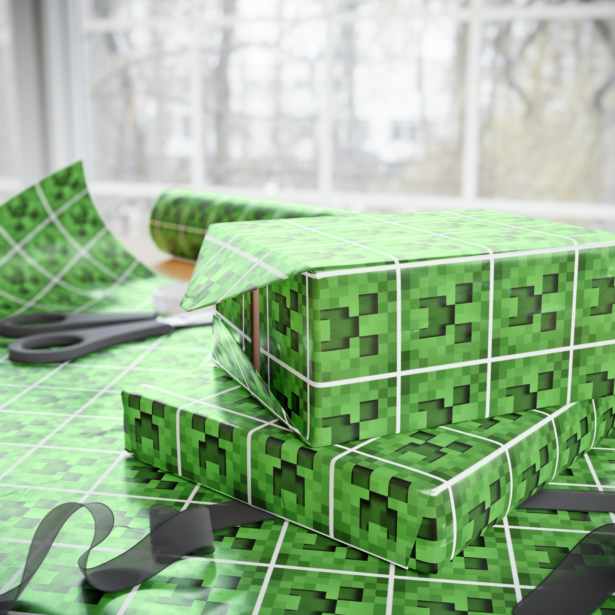 Minecraft Wrapping Paper Green Gift Wrap Mining Birthday Party Present ...