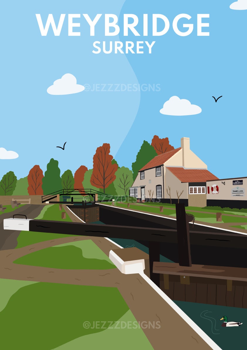 Weybridge, Thames Lock - Digital Art Print - Etsy UK
