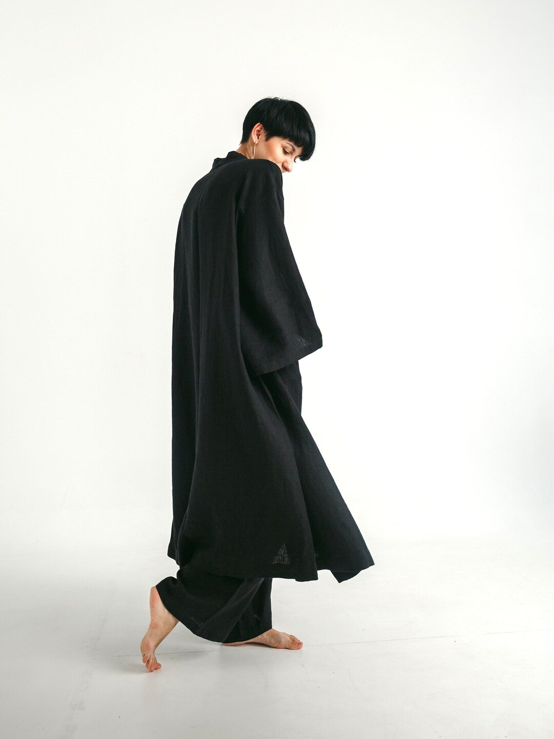 Linen Long Black Kimono Robe. Luxurious Black Style. Linen Kimono and ...