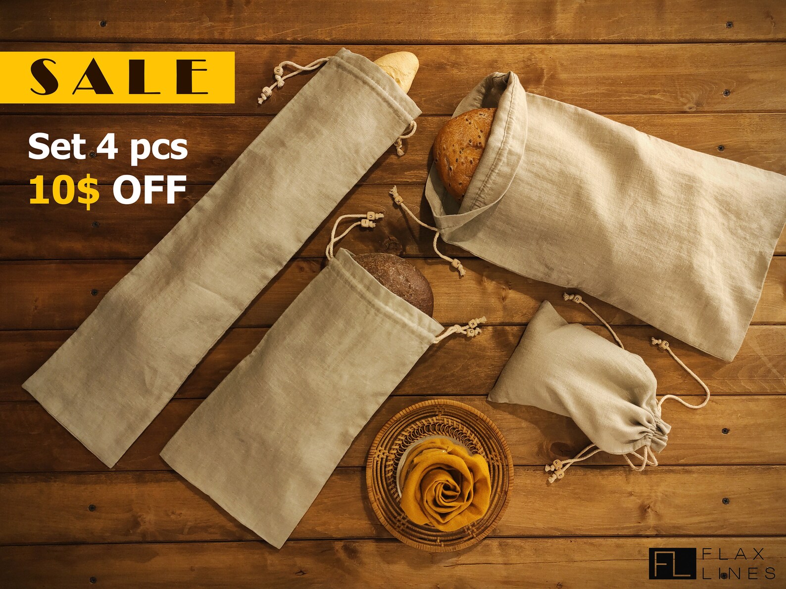 Linen Bread Bag on a Drawstring. Rustic natural Gray Linen Storage Bag ...