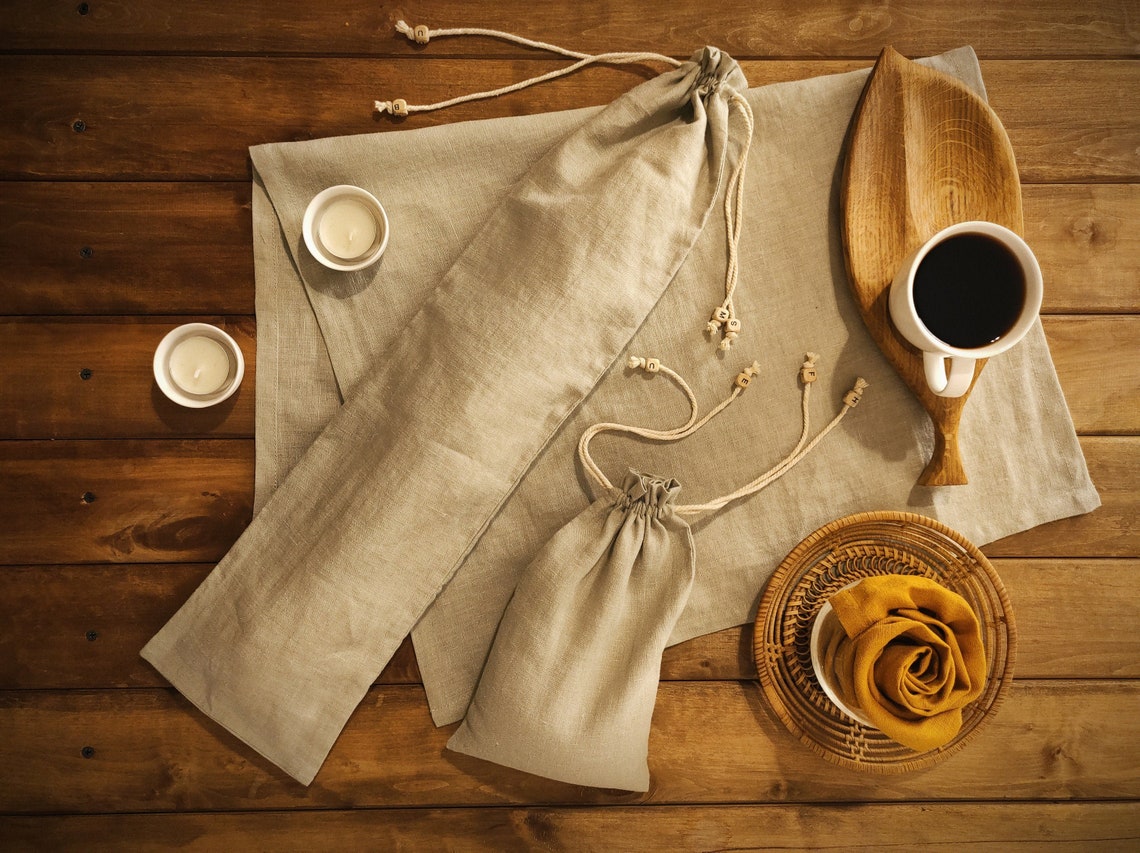Linen Bread Bag on a Drawstring. Rustic natural Gray Linen Storage Bag ...