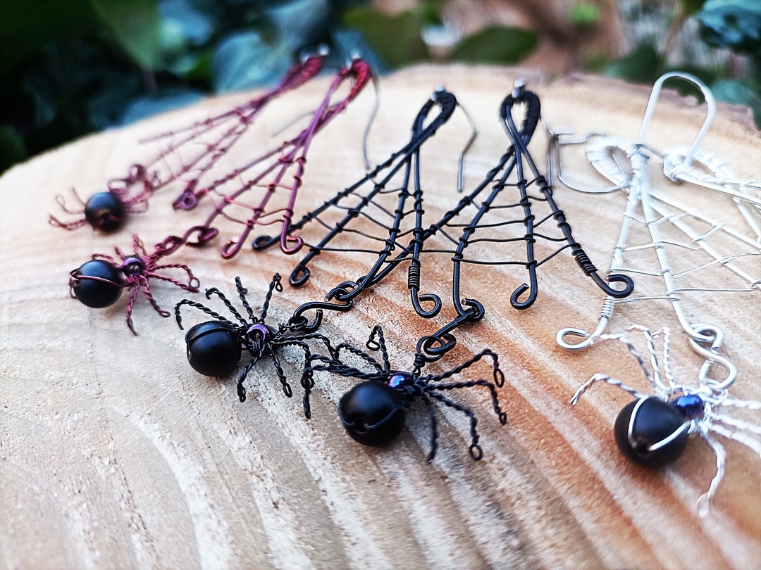 Spider Earrings, Tiny Wire Wrapped Spiders, Spiderweb Earrings, Dangle ...