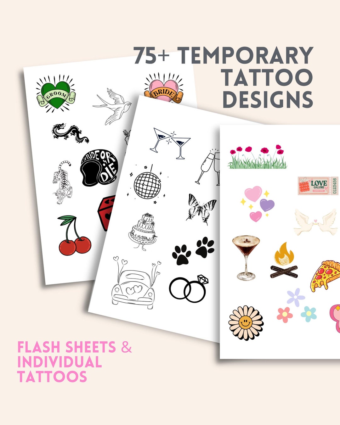 Wedding Temporary Tattoo Designs: Fun Girly Theme (digital PDF) - Etsy