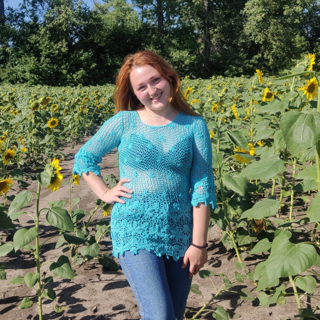 Crochet Blue Lace Tunic Openwork Summer Pullover Elegant - Etsy