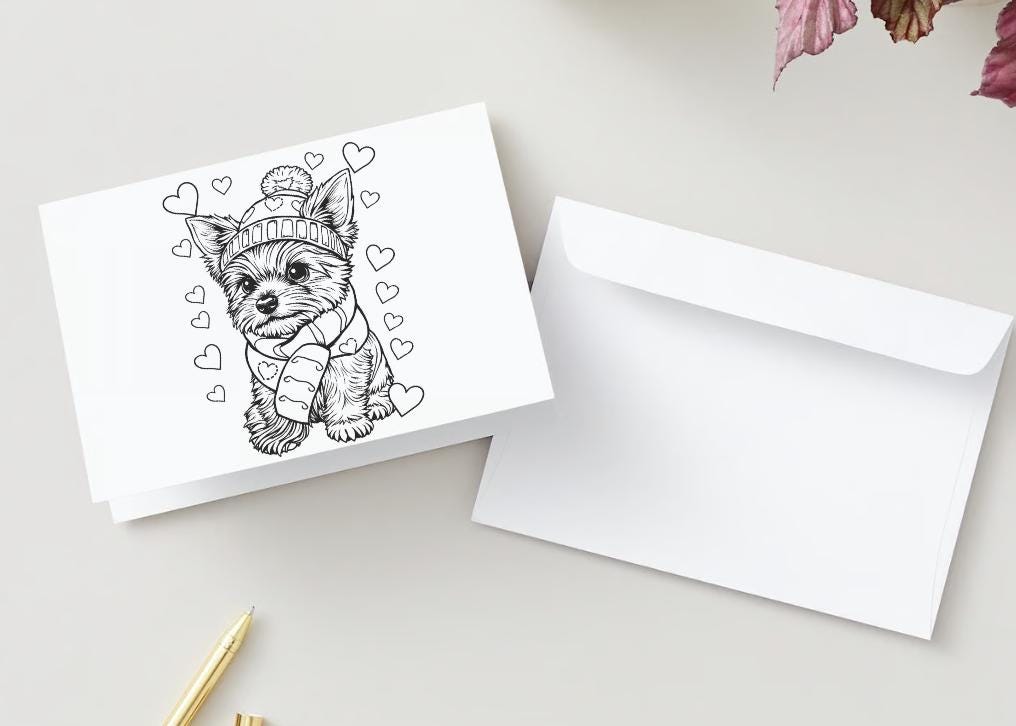 Printable Dog Valentine’s Day Coloring Cards | Cute Yorkie, Husky ...