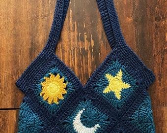 Sun Moon and Star Crochet Bag PDF PATTERN, Easy Knit Tote Bag, Astronomy Crochet Project ...