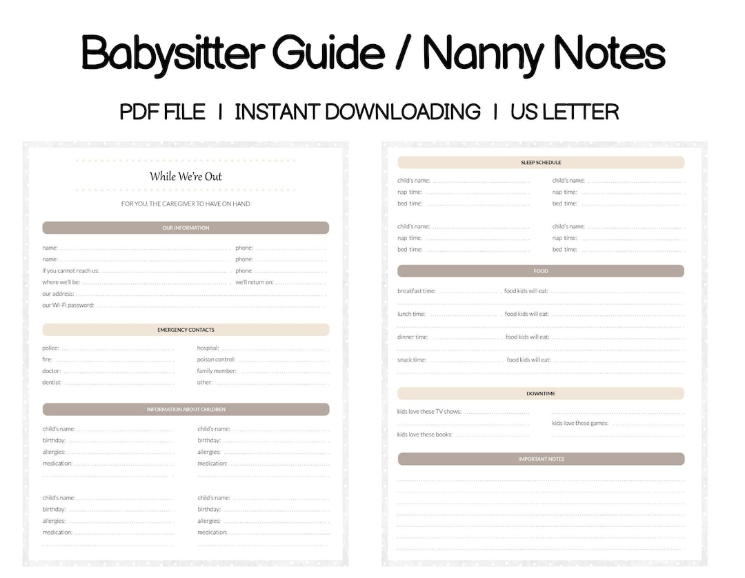 Babysitter Guide, Nanny Notes, Caregiver Manual, While We're Out ...
