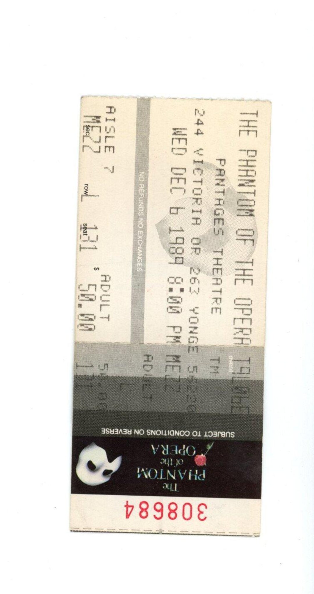 Original Phantom of the Opera Vintage Concert Play Ticket Stub Pantages ...
