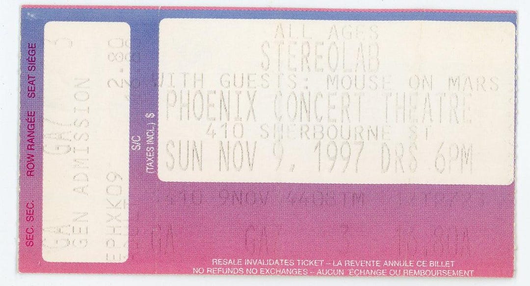 Stereolab Vintage Concert Ticket Phoenix Concert Theatre (toronto, 1997 ...