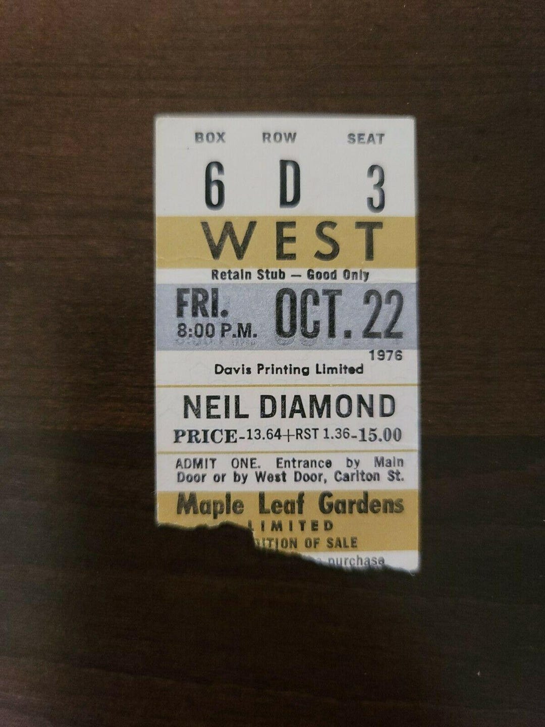 Neil Diamond 1976, Toronto Maple Leaf Gardens Original Concert Ticket ...