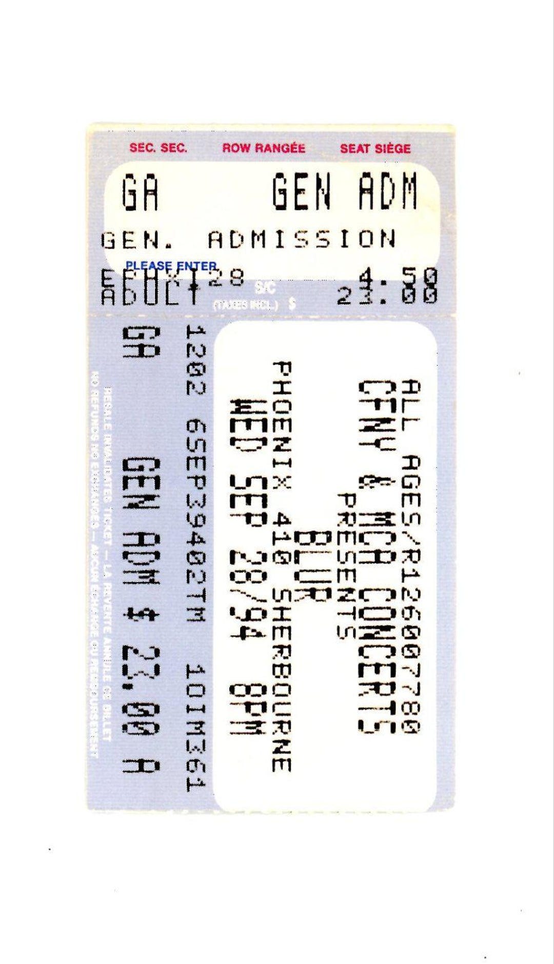 Original BLUR Vintage Concert Ticket Stub Phoenix (toronto, 1994) - Etsy