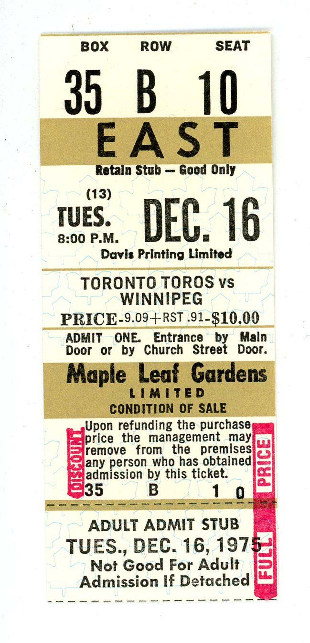 WHA Toronto Toros Vs. Winnipeg Vintage Ticket Maple Leaf Gardens ...