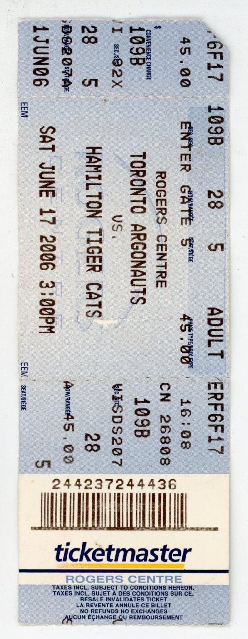 Toronto Argonauts Vs. Hamilton Tiger-cats Ticket Stub Rogers Centre ...