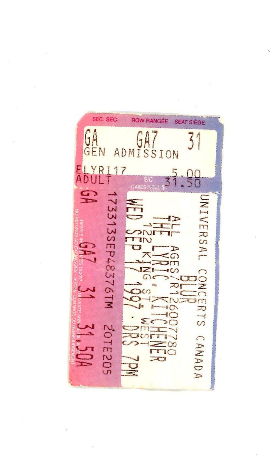 Original BLUR Vintage Concert Ticket Stub the Lyric (kitchener, 1997 ...