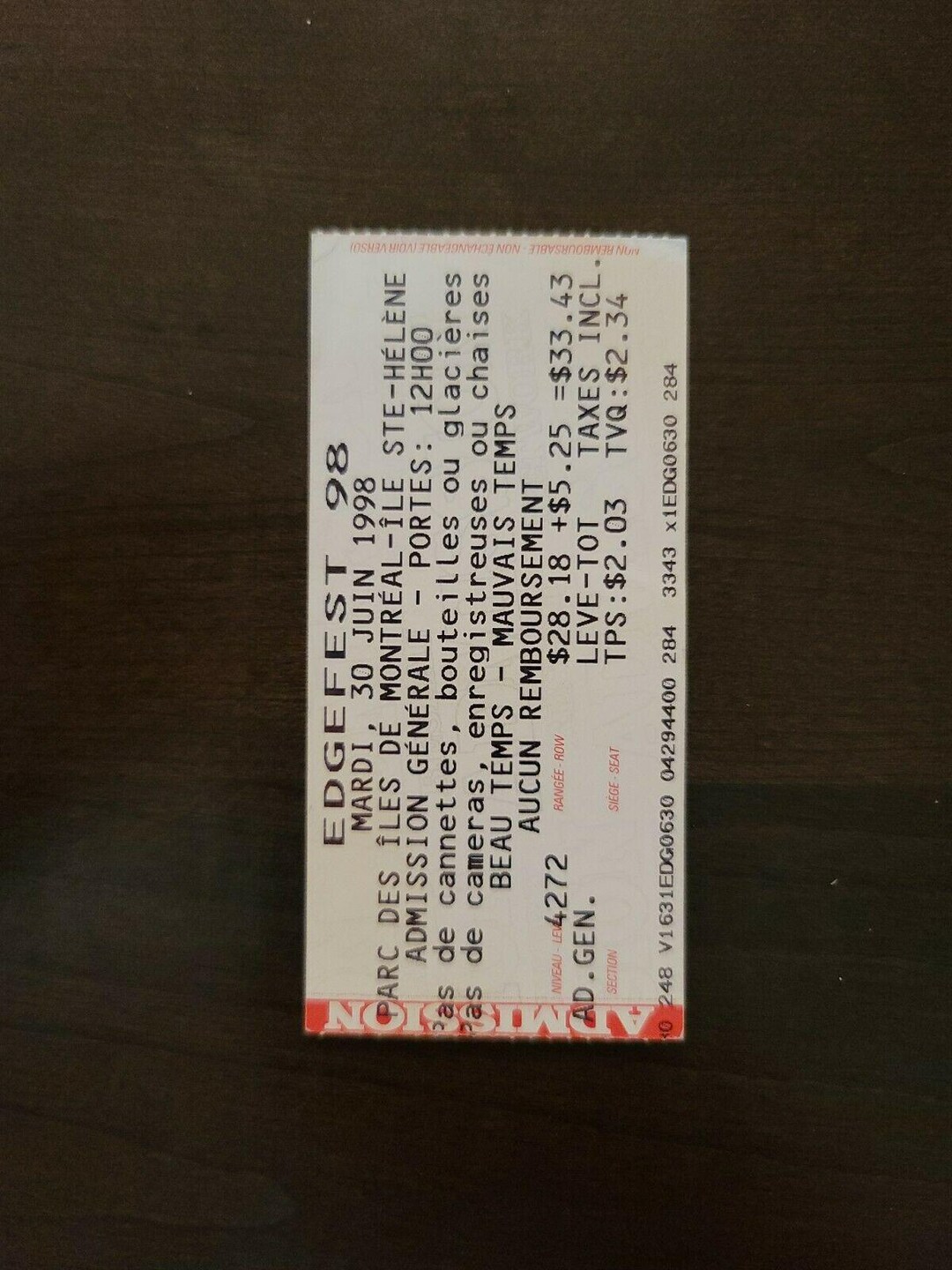 Edgefest 1998, Montreal Vintage Original Concert Ticket Stub - Etsy