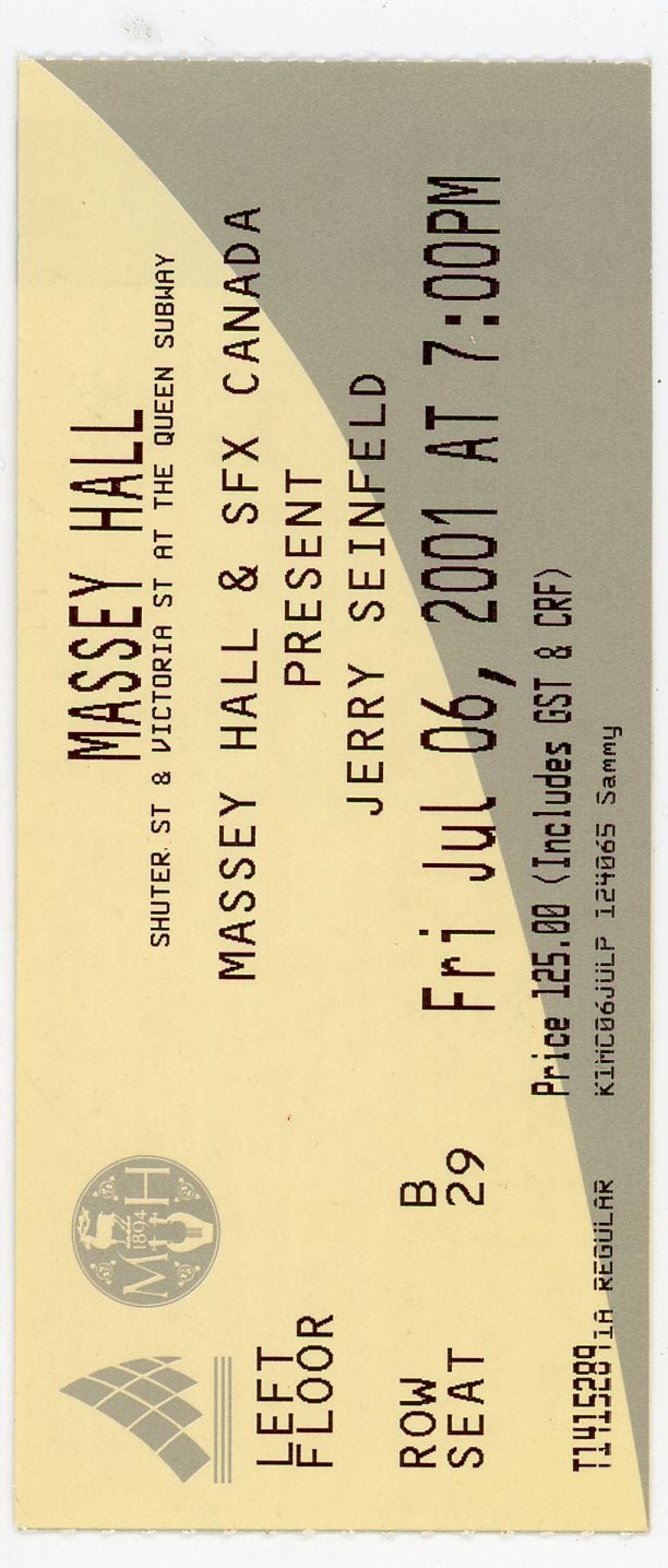Jerry Seinfeld Ticket Stub Massey Hall toronto 2001 - Etsy