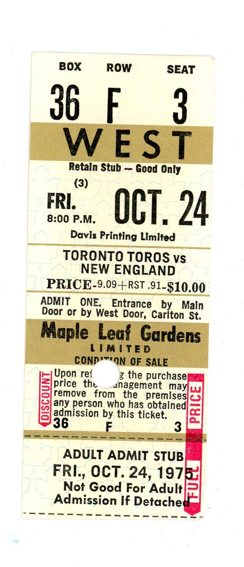 WHA Toronto Toros Vs. New England Vintage Ticket Stub Maple Leaf ...
