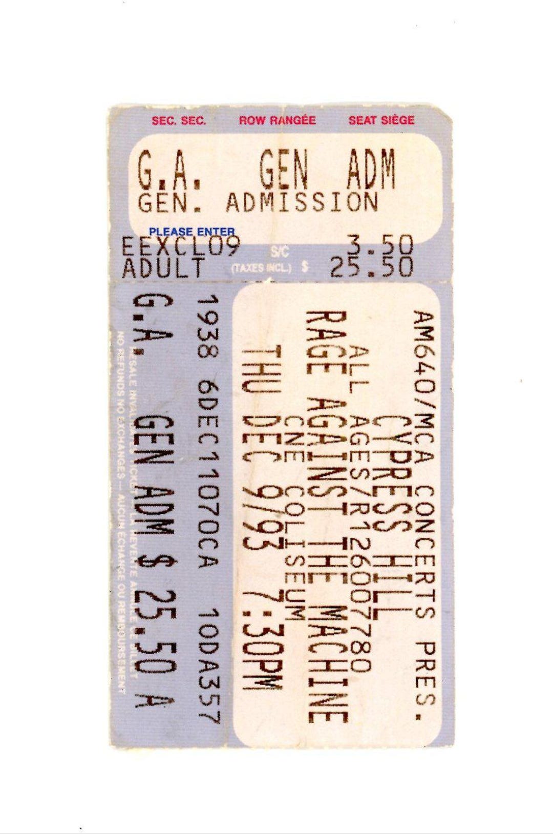 Original Cypress Hill Rage Against the Machine Vintage Concert Ticket ...