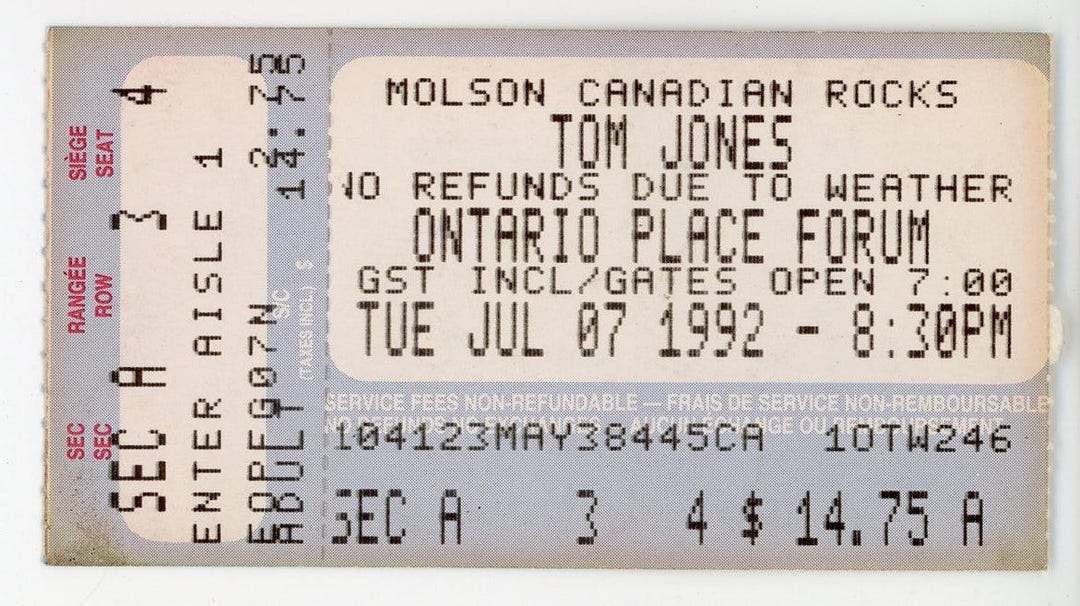 Tom Jones Vintage Concert Ticket Stub Ontario Place (toronto, 1992) - Etsy