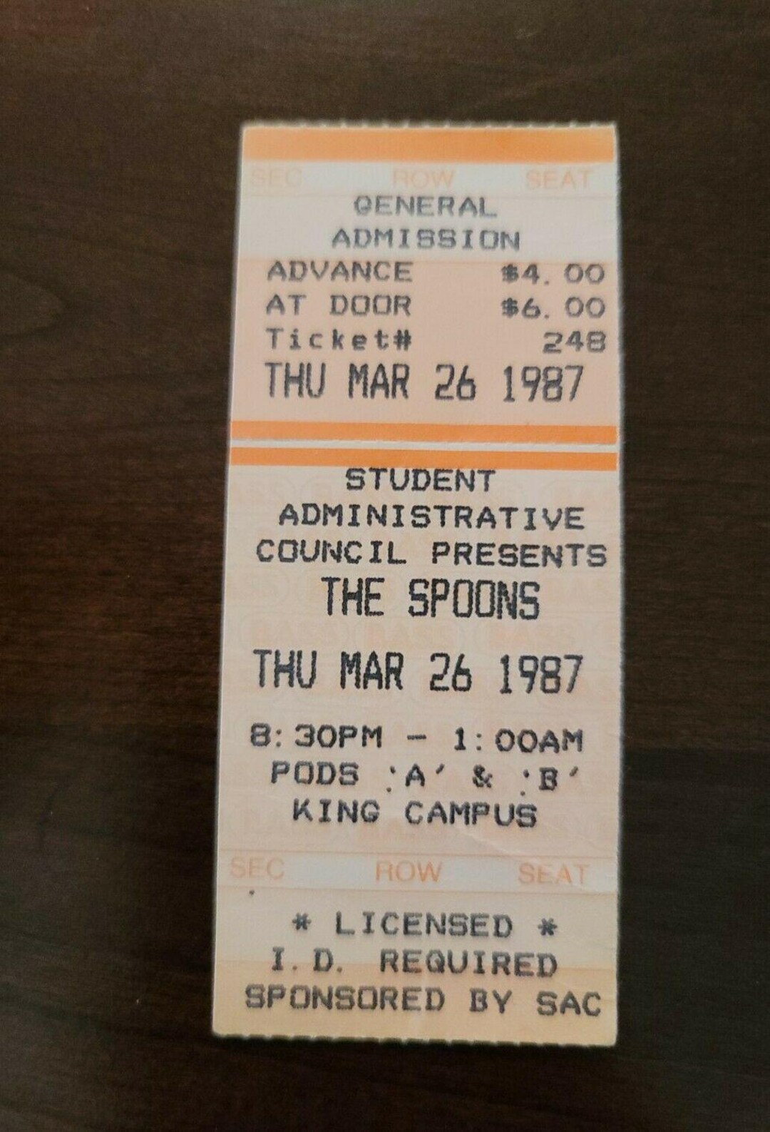 The Spoons 1987, University Toronto King Campus Original Concert Ticket ...