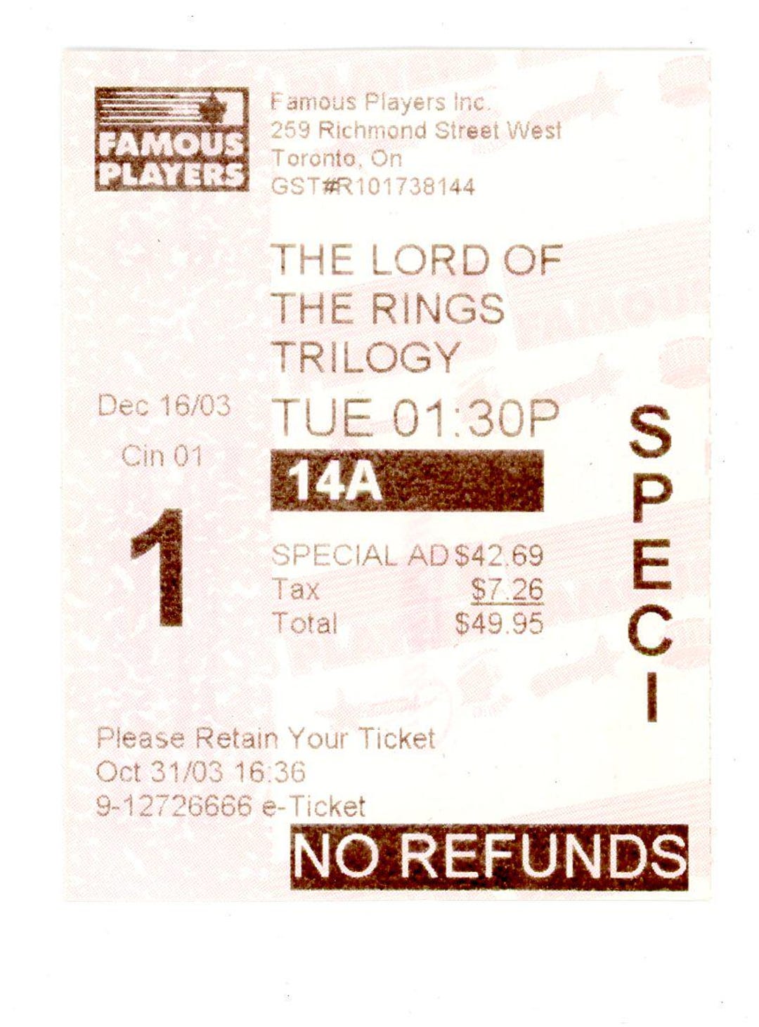Lord of the Rings Trilogy Movie Ticket Stub Famous Players (toronto ...